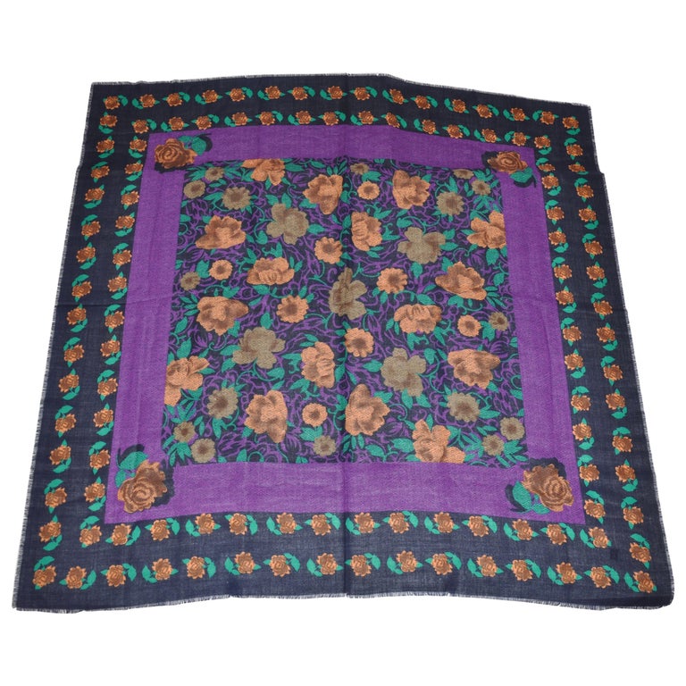 Huge Wool Challis of Deep Navy Border with Violet and Golden Floral ...