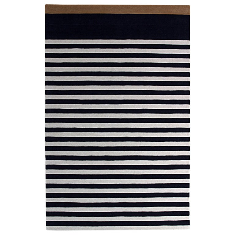 Blue White Striped Wool Area Rug 5x8 For Sale at 1stDibs