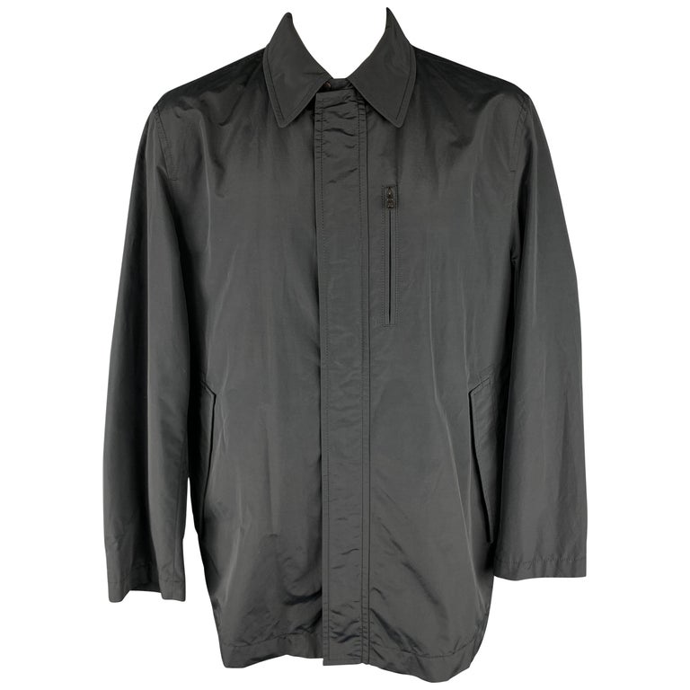 HUGO BOSS 46 Black Solid Cotton / Nylon Zip and Snaps Long Coat For ...