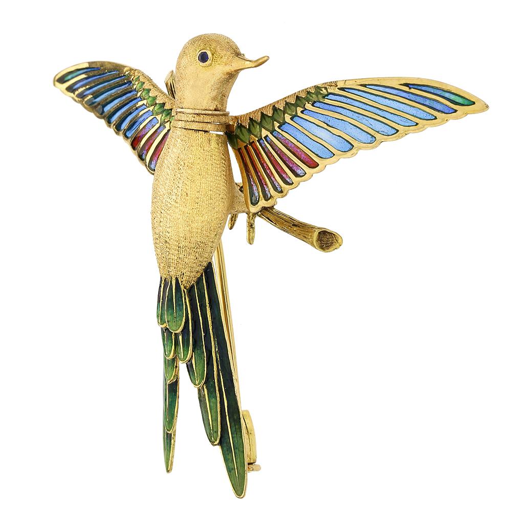 Hummingbird Articulated Head and Wings Plique a Jour Enamel 18K Brooch ...
