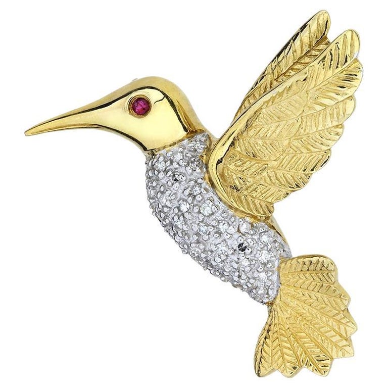 Hummingbird Diamond and Ruby 14K Pin For Sale at 1stDibs