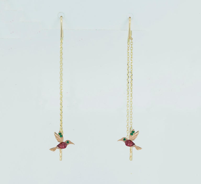 Hummingbird Threader Earrings with Rubies in 14k Gold! For Sale at 1stDibs