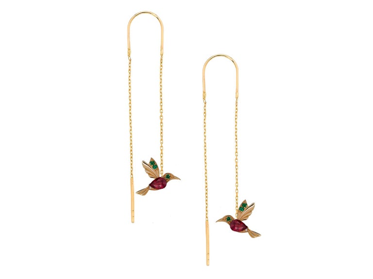 Hummingbird Threader Earrings with Rubies in 14k Gold! For Sale at 1stDibs
