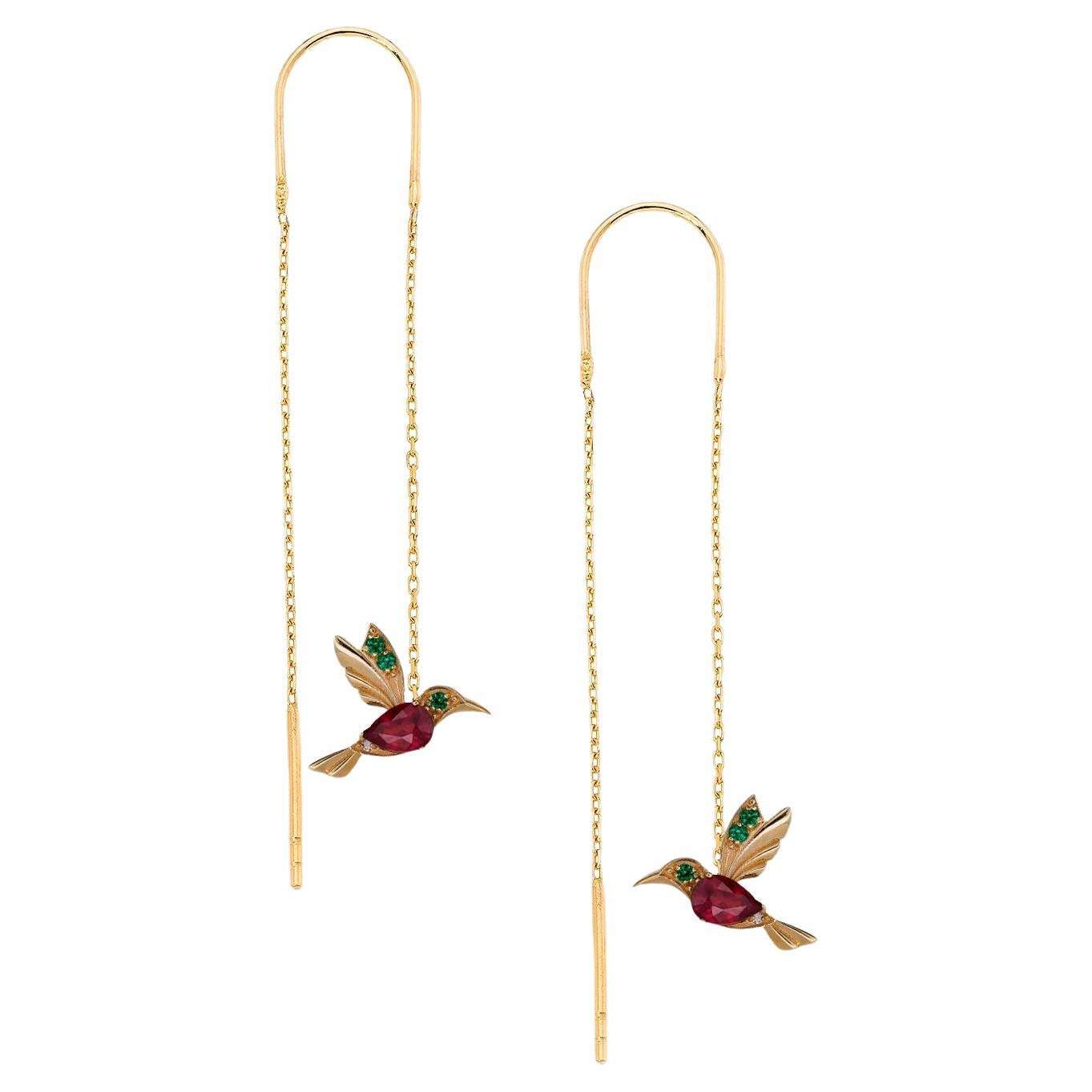 14k Gold Hummingbird Earings Studs with Rubies, Bird Stud Earrings with ...