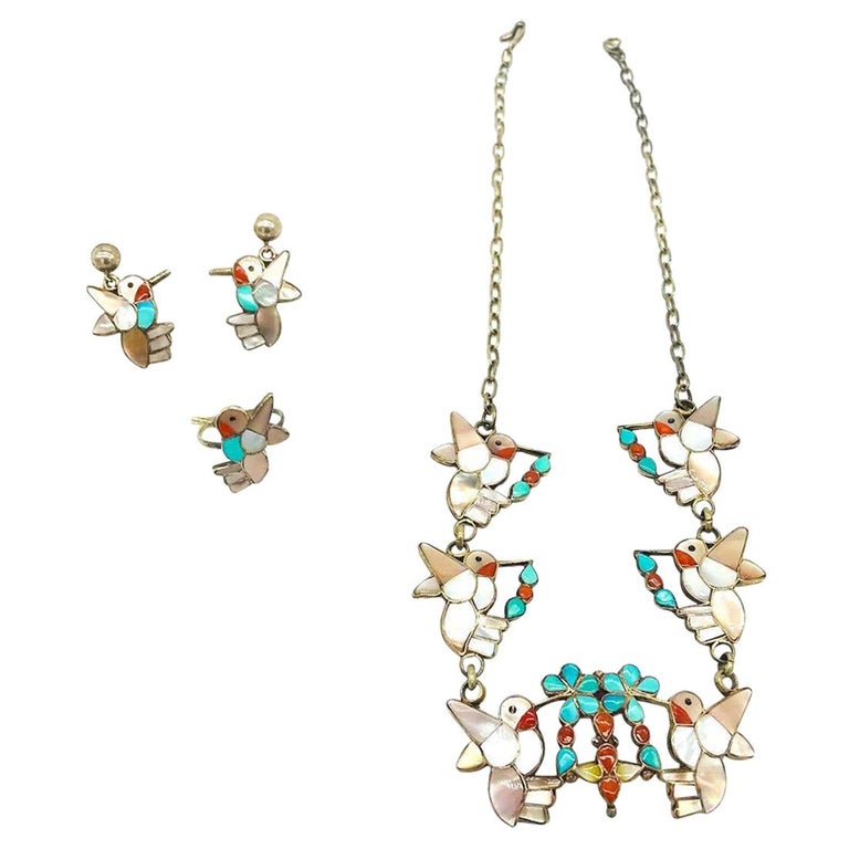 Hummingbird Turquoise Sterling Necklace Earring Ring Set For Sale at ...