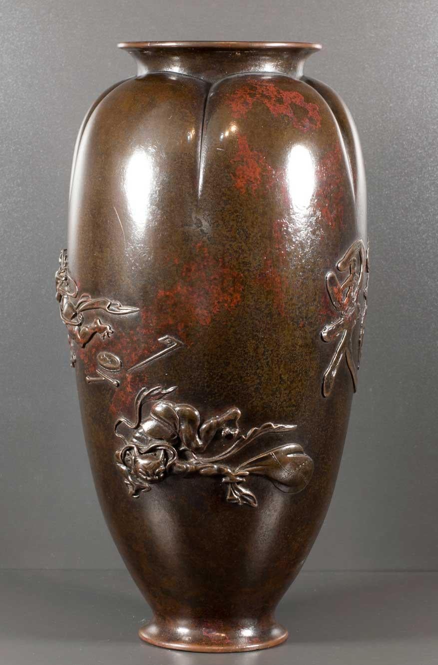Humorous Japanese Bronze Vase Depicting Shoki Chasing Oni For Sale at 1stDibs