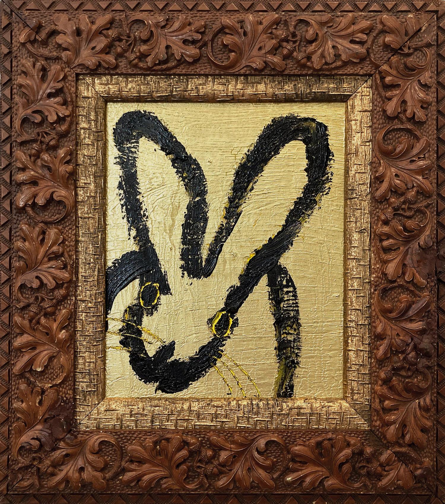 Hunt Slonem - "Andrew" Black Outline Bunny on Gold Background Oil ...