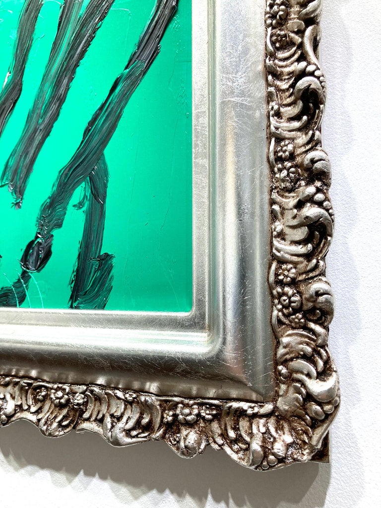 Hunt Slonem - "Blade" Black Outline Bunny on a Deep Green Background Oil Painting Wood Panel For ...