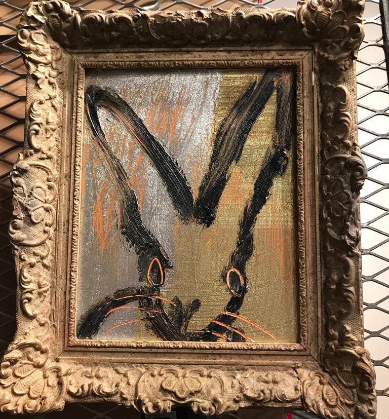 Hunt Slonem - Goldie(EA01918)-gold silver and black gestural rabbit oil ...