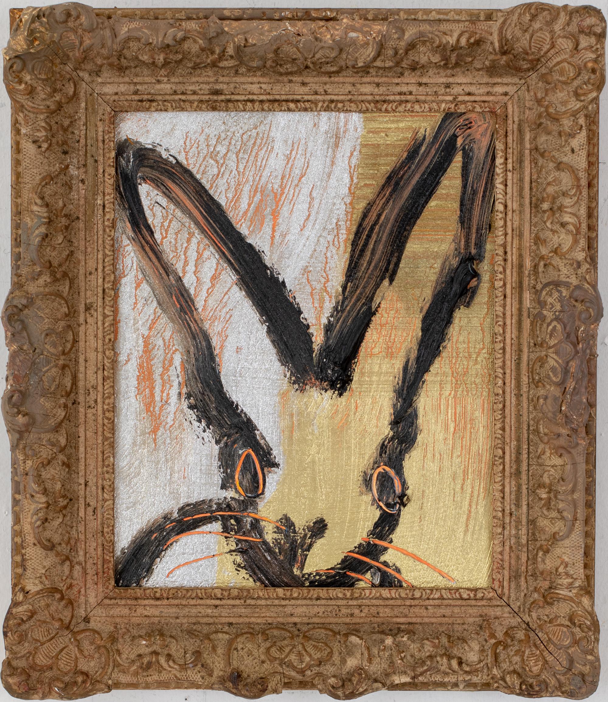 Hunt Slonem - Goldie(EA01918)-gold silver and black gestural rabbit oil ...