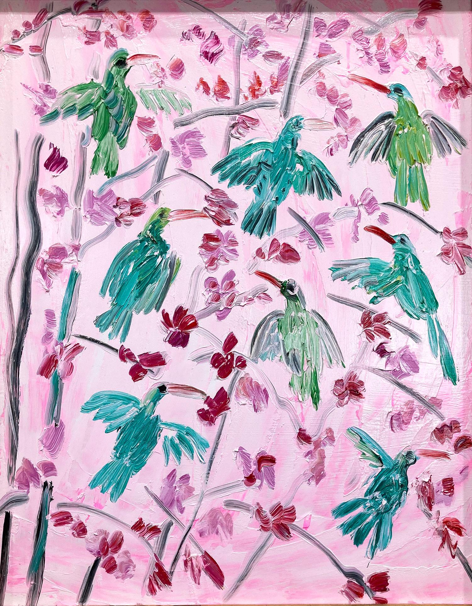 Hunt Slonem - "Humming Birds Spring Bloom" Pink Background Oil Painting ...