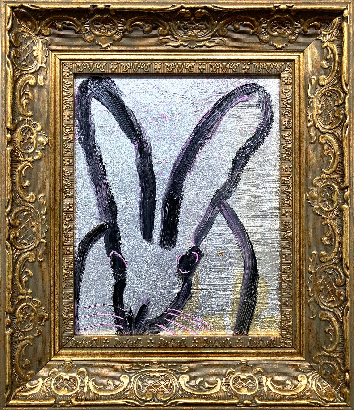Hunt Slonem - "Sighting" Black Bunny on Silver Background Pink Accents ...