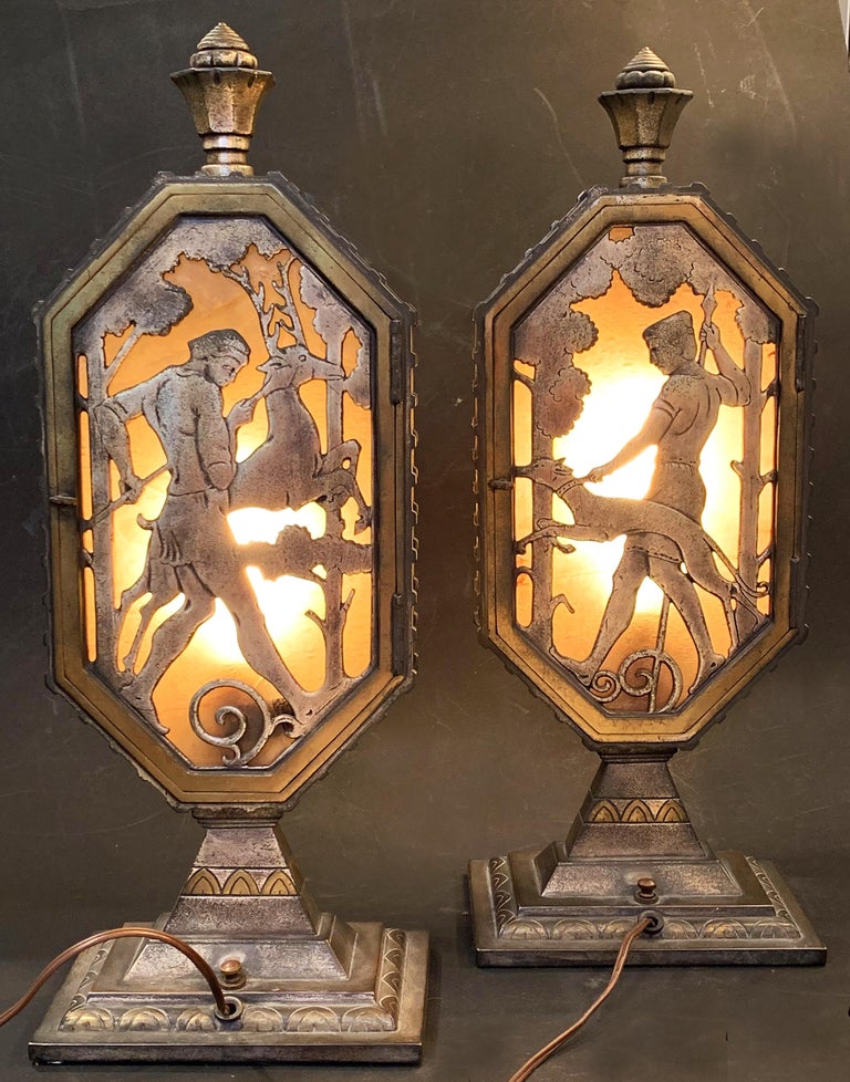 "Hunters with Hounds," Rare Pare of Illuminated, Art Deco Bronze Table ...