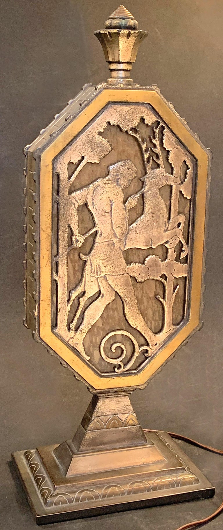 "Hunters with Hounds," Rare Pare of Illuminated, Art Deco Bronze Table ...