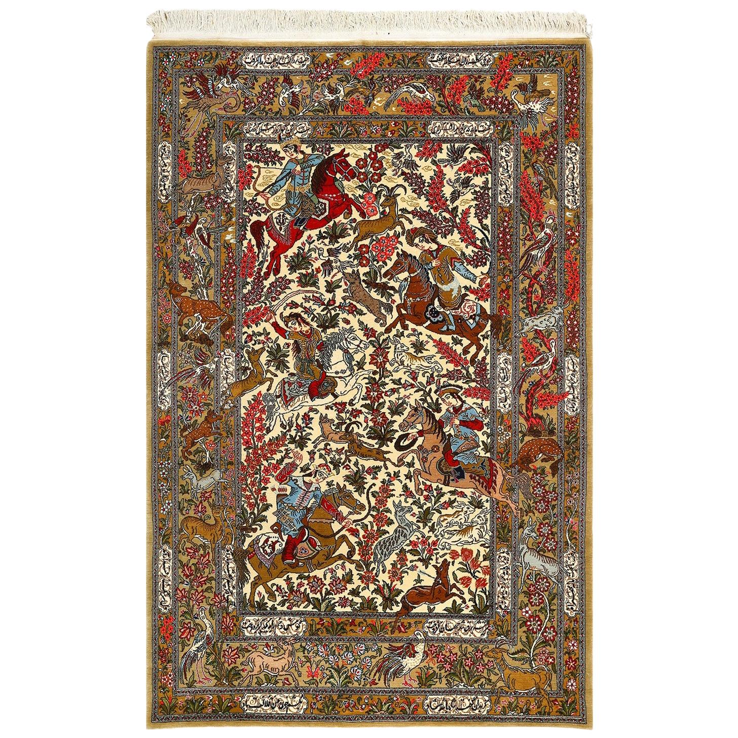 Hunting Scene Vintage Qum Persian Rug. Size: 4 ft 7 in x 6 ft 11 in For ...