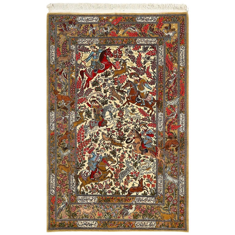 Hunting Scene Vintage Qum Persian Rug. Size: 4 ft 7 in x 6 ft 11 in For ...