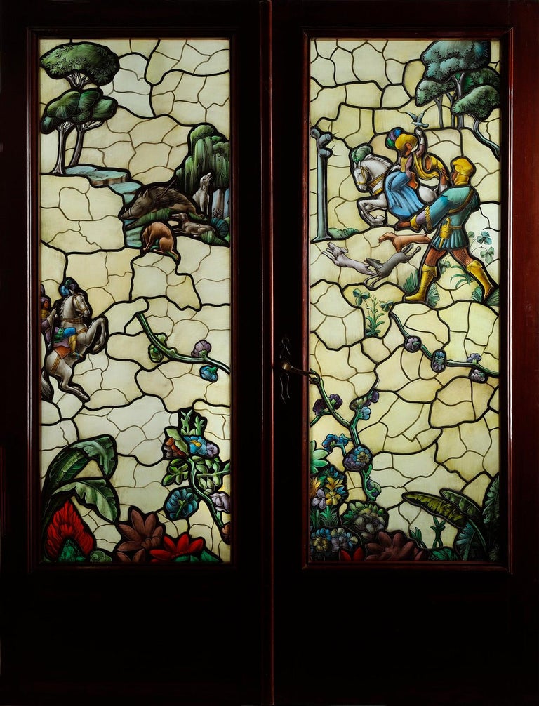 "Hunting with Hounds" Polychromed Stained Glass in Two Double Doors, Fr ...