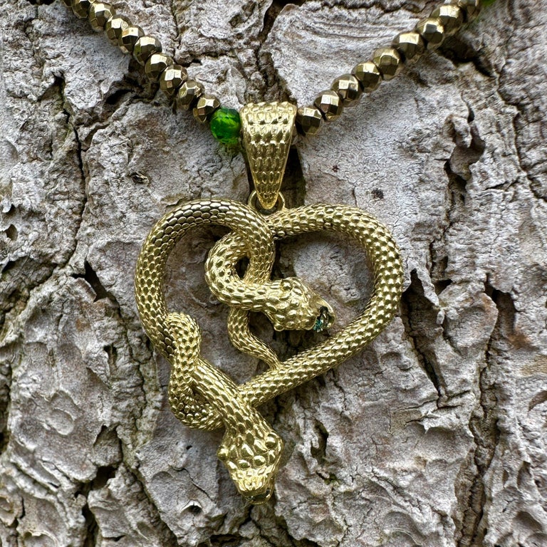 "I Heart Snakes II" Pendant with Green Diamonds in 18k Gold with Pyrite ...