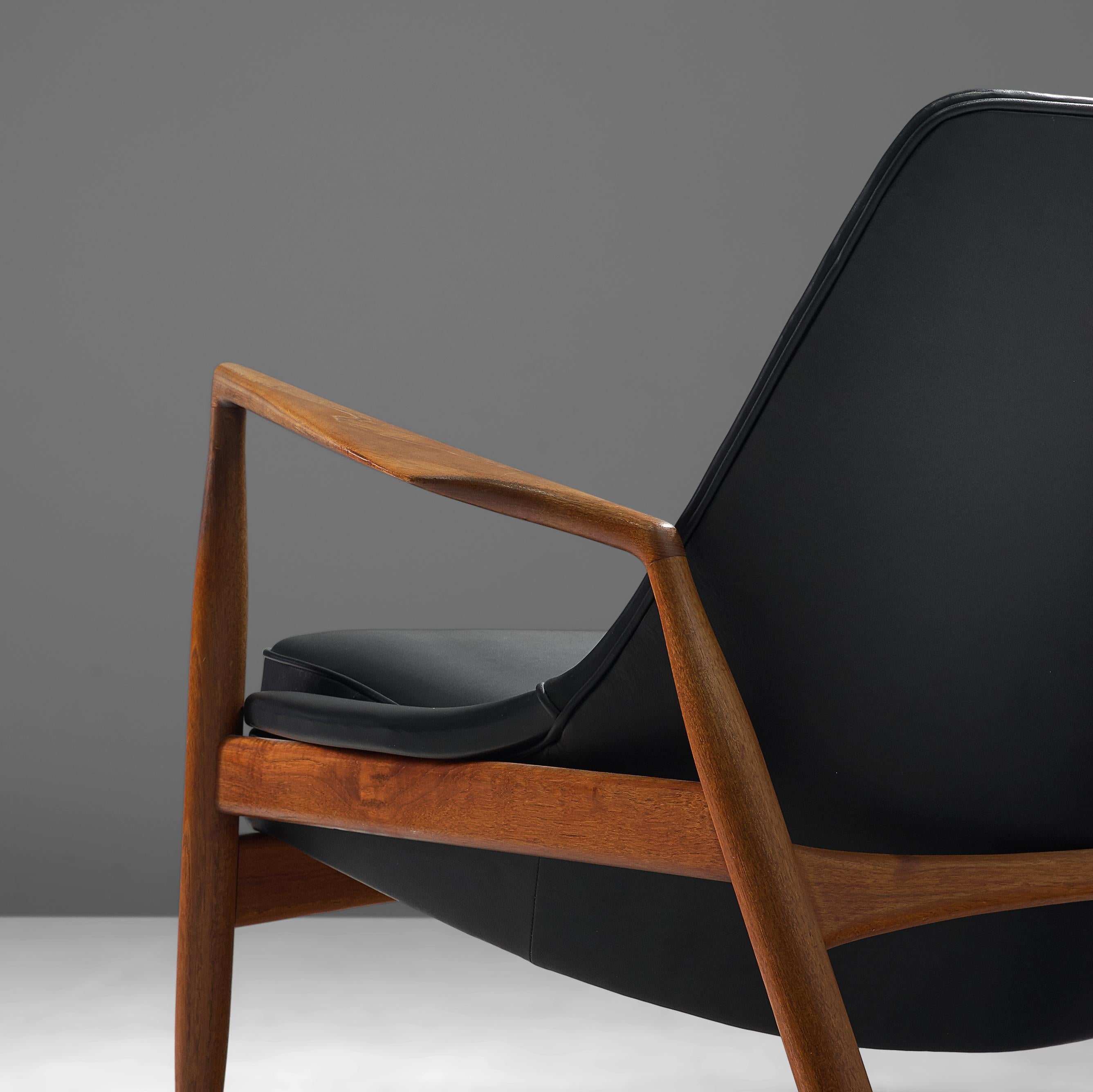 Ib Kofod-Larsen Lounge Chair in Black Leather and Teak For Sale at ...