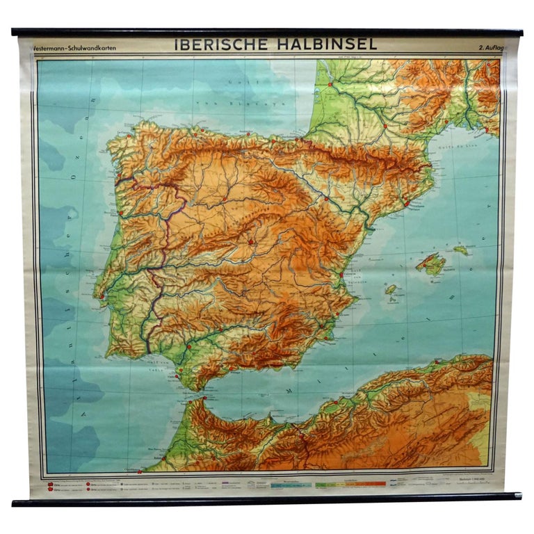 Iberian Peninsula Rollable Map Vintage Wall Chart Poster Print at 1stDibs