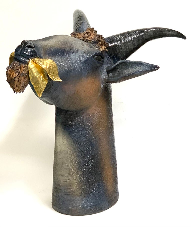 Ibex Animal Ceramic and Gold Leaf Centerpiece, Handmade Design in Ital ...