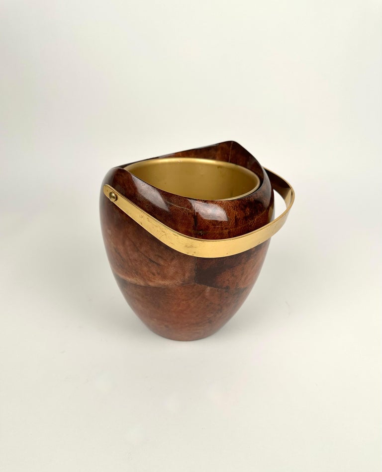 Ice Bucket in Brown Goatskin and Brass by Aldo Tura for Macabo Italy ...