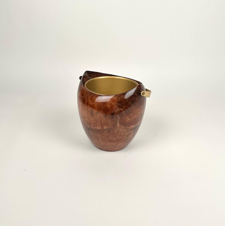 Ice Bucket in Brown Goatskin and Brass by Aldo Tura for Macabo Italy ...