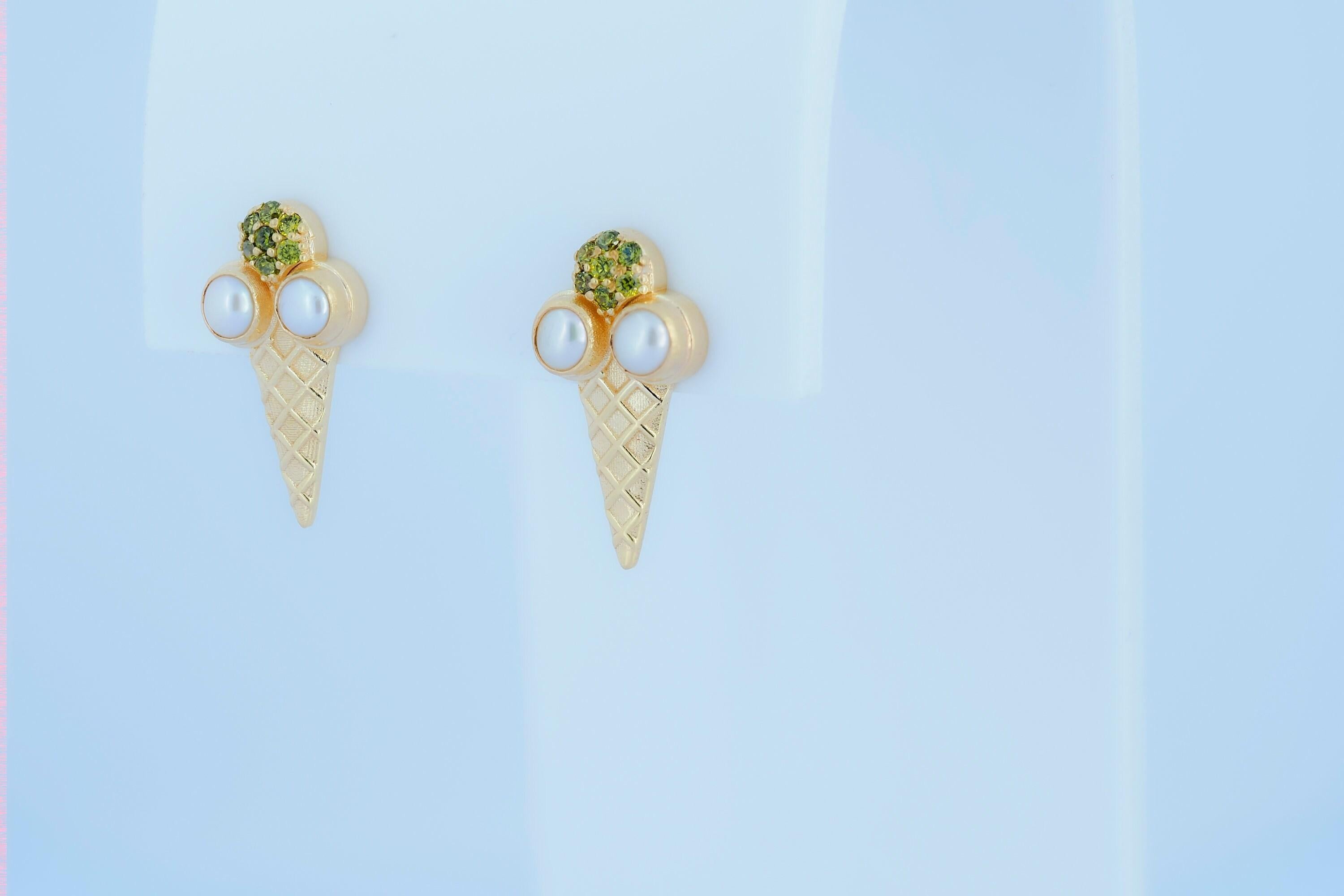 Ice cream Cone earrings studs with peridots and pearls in 14k gold For ...