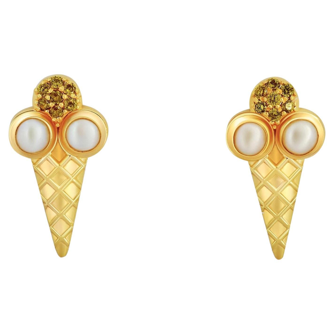 Ice cream Cone earrings studs with peridots and pearls in 14k gold For ...