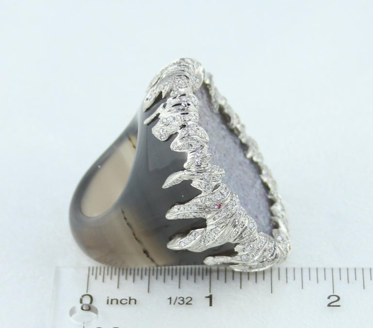 "Ice Melt" One Piece Solid Agate and 3.00 Carats Diamond Platinum Ring ...