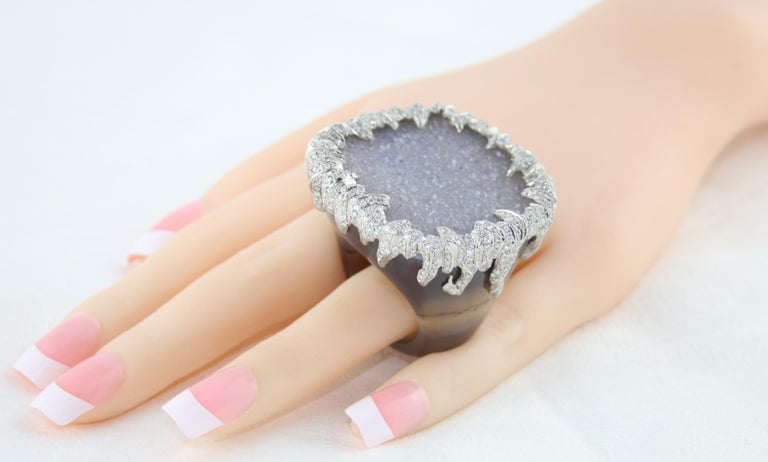 "Ice Melt" One Piece Solid Agate and 3.00 Carats Diamond Platinum Ring ...