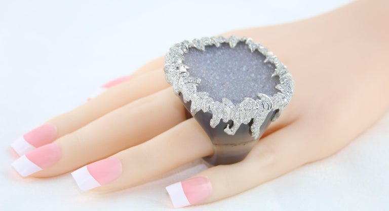 "Ice Melt" One Piece Solid Agate and 3.00 Carats Diamond Platinum Ring ...