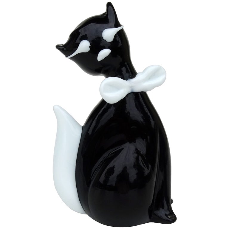 Cat Paperweight Figurine Black White Art Glass Abstract Signed ICET ...