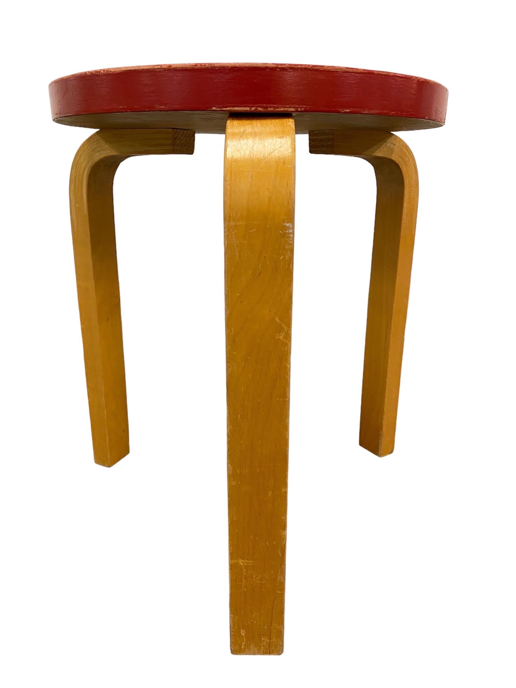 Iconic Alvar Aalto 3-legged Stool Model 60, Birch and Red Paint, Artek ...