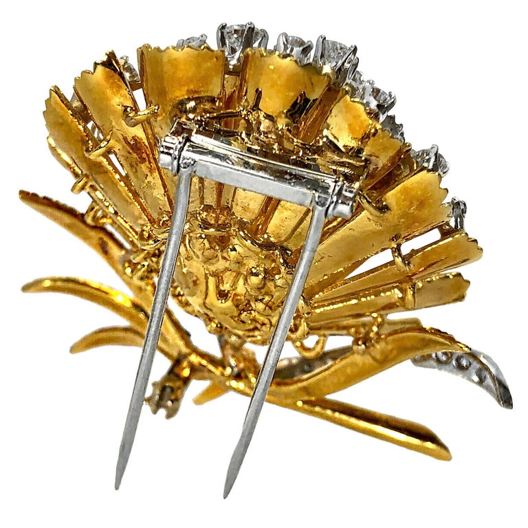 Iconic Mid-20th Century 18K Yellow Gold Flower Brooch with Diamonds For ...