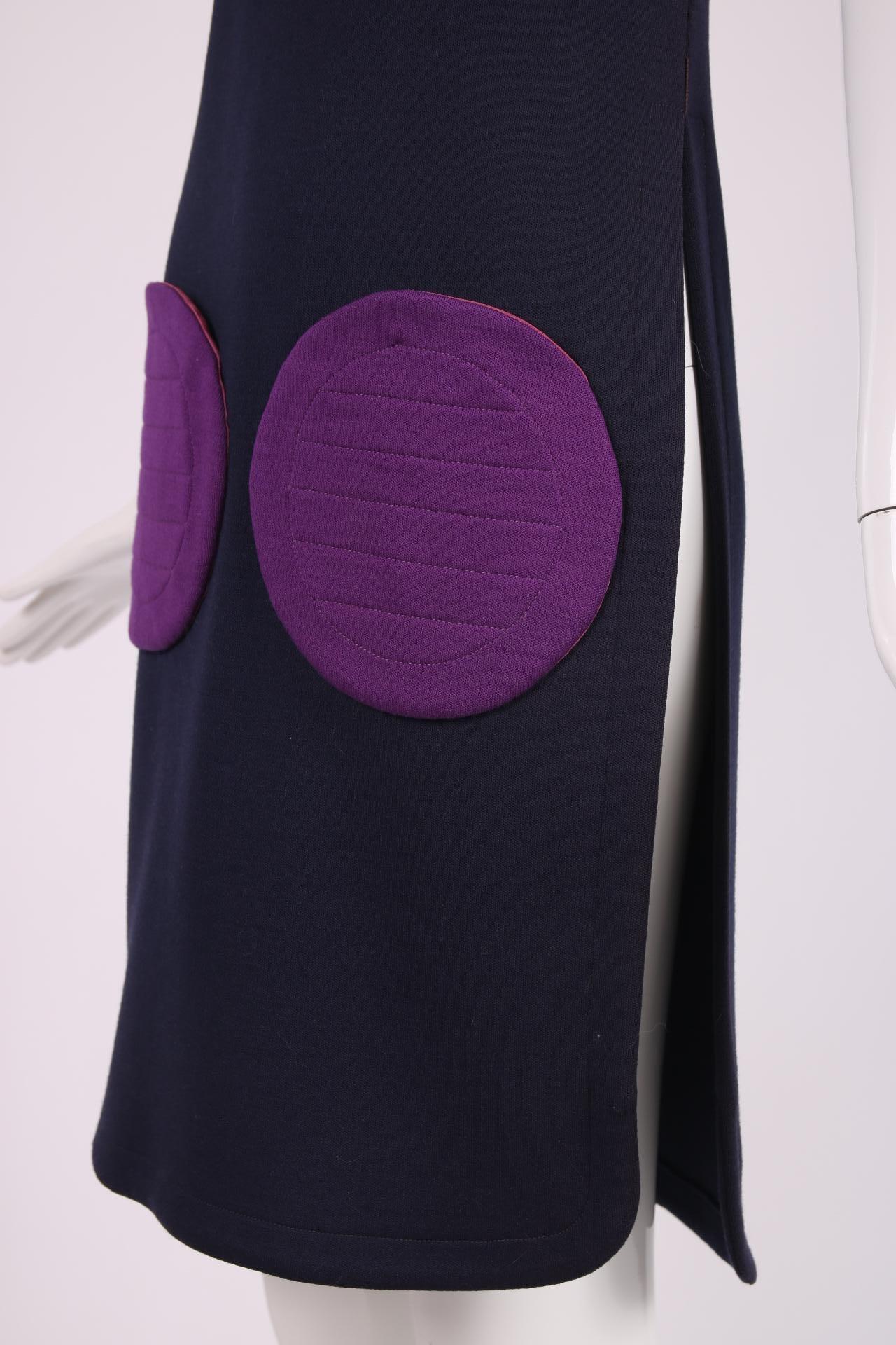 Iconic Pierre Cardin Navy and Purple Colorblock Wool Tabard Dress w ...
