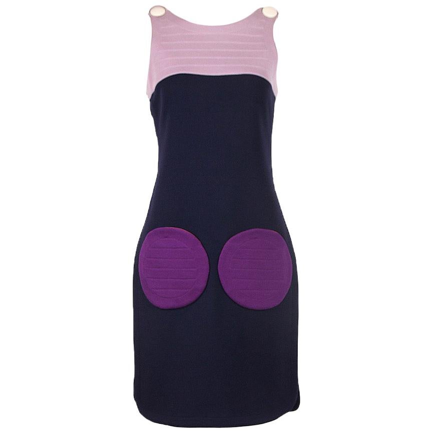 Iconic Pierre Cardin Navy and Purple Colorblock Wool Tabard Dress w ...