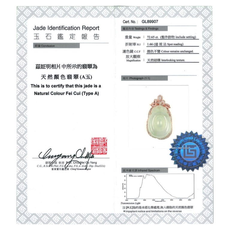 Icy White Jadeite Jade Gold Coin and Diamond Pendant, Certified ...