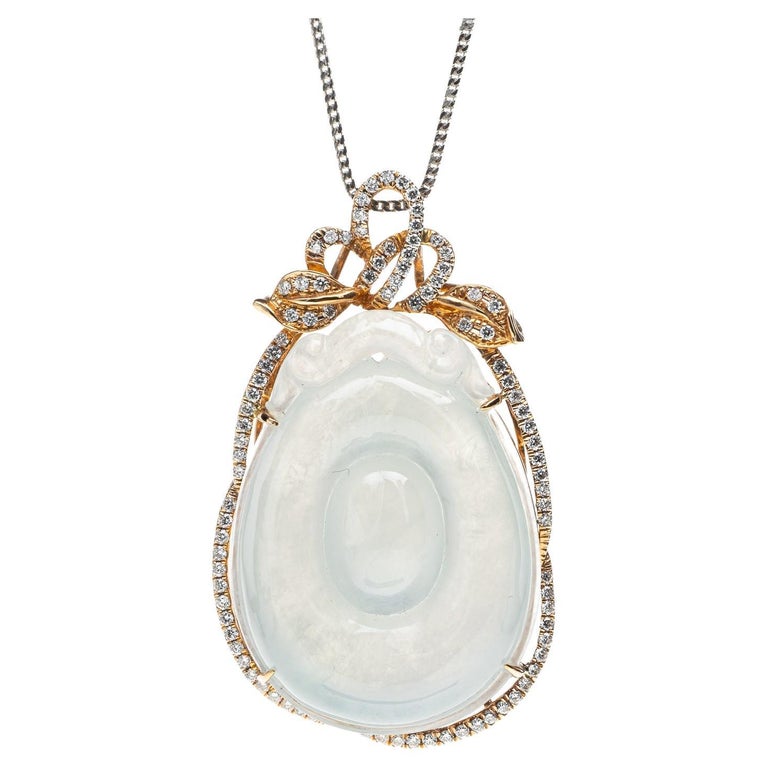 Icy White Jadeite Jade Gold Coin and Diamond Pendant, Certified ...