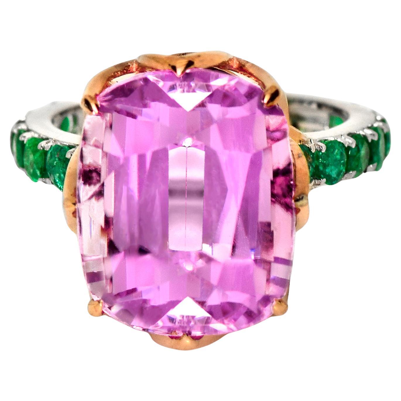 IGI 14.48 Ct 14K White Gold Intense Pink Kunzite&Emeralds Engagement ...