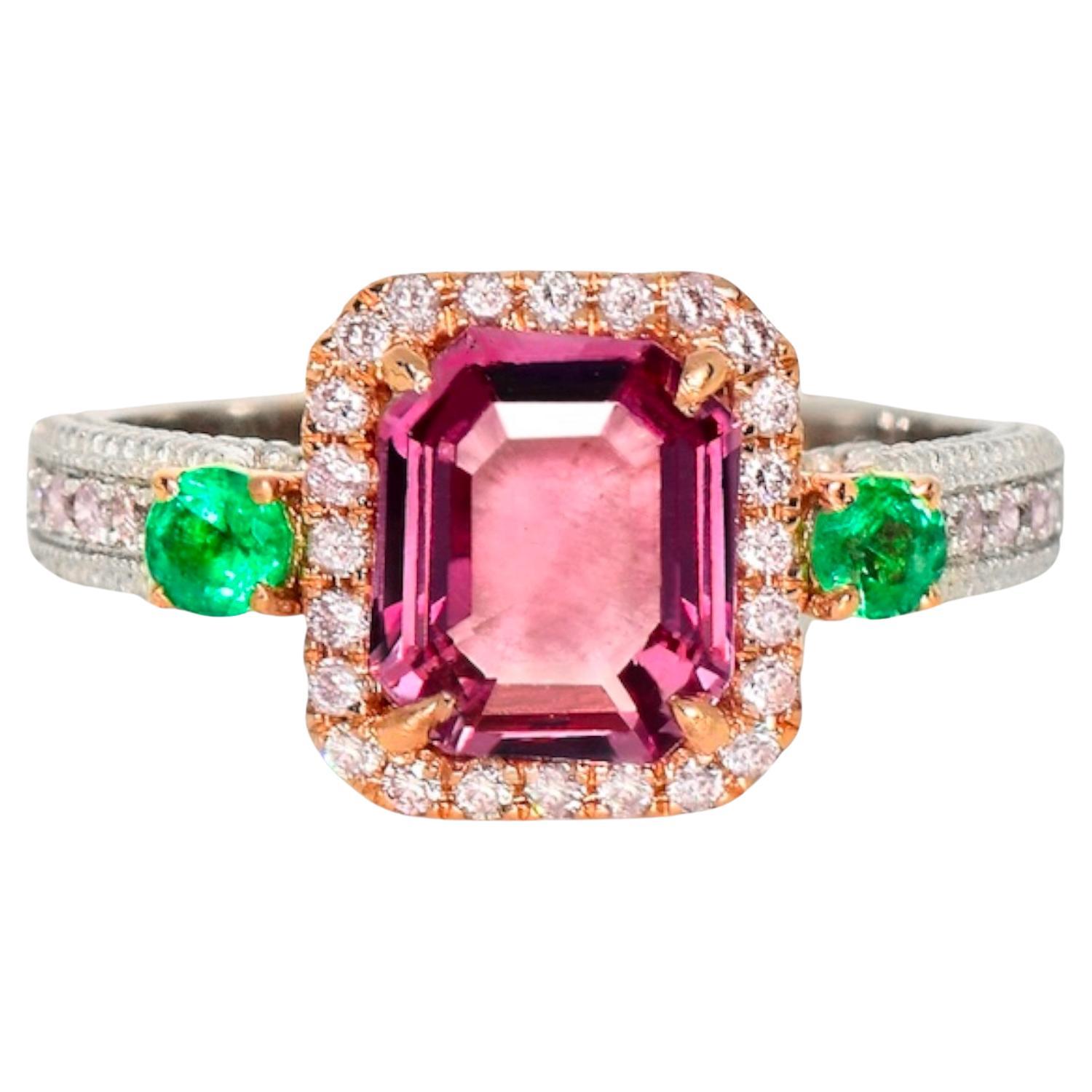 IGI 14.48 Ct 14K White Gold Intense Pink Kunzite&Emeralds Engagement ...