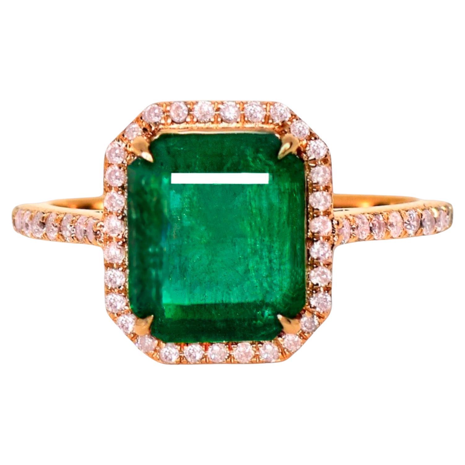 IGI 14k 2.63 Ct Natural Emerald&Pink Diamonds Antique Engagement Ring For Sale at 1stDibs