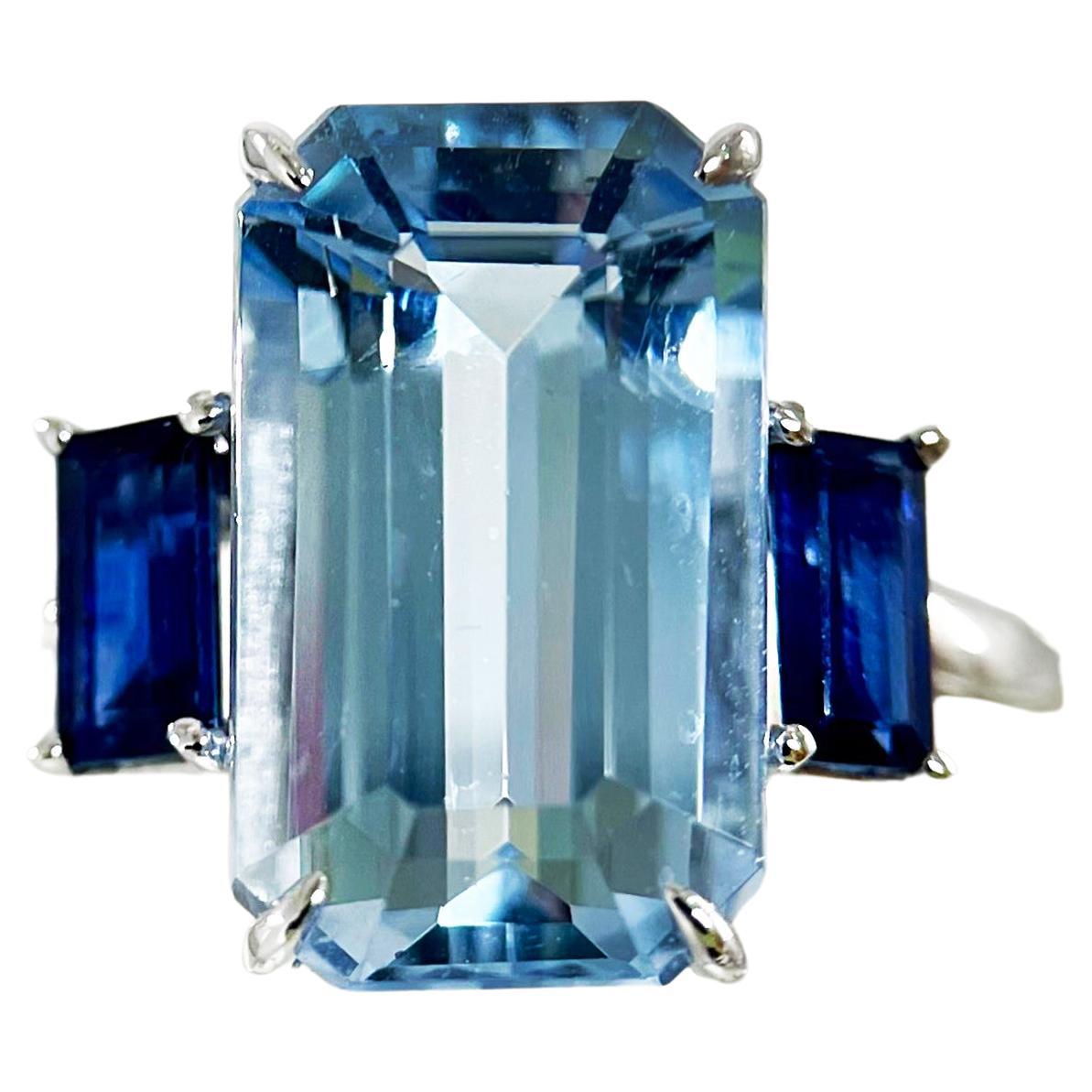 IGI 14K 5.99 Ct Blue Beryl&Emeralds Art Deco Style Engagement Ring For ...