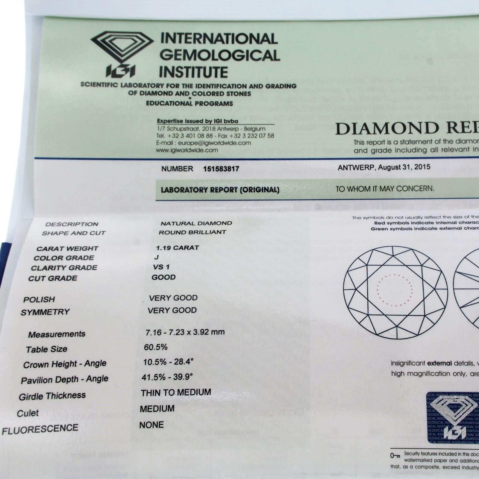 IGI Certified 1.19 Carat Brilliant Cut Diamond For Sale at 1stDibs ...
