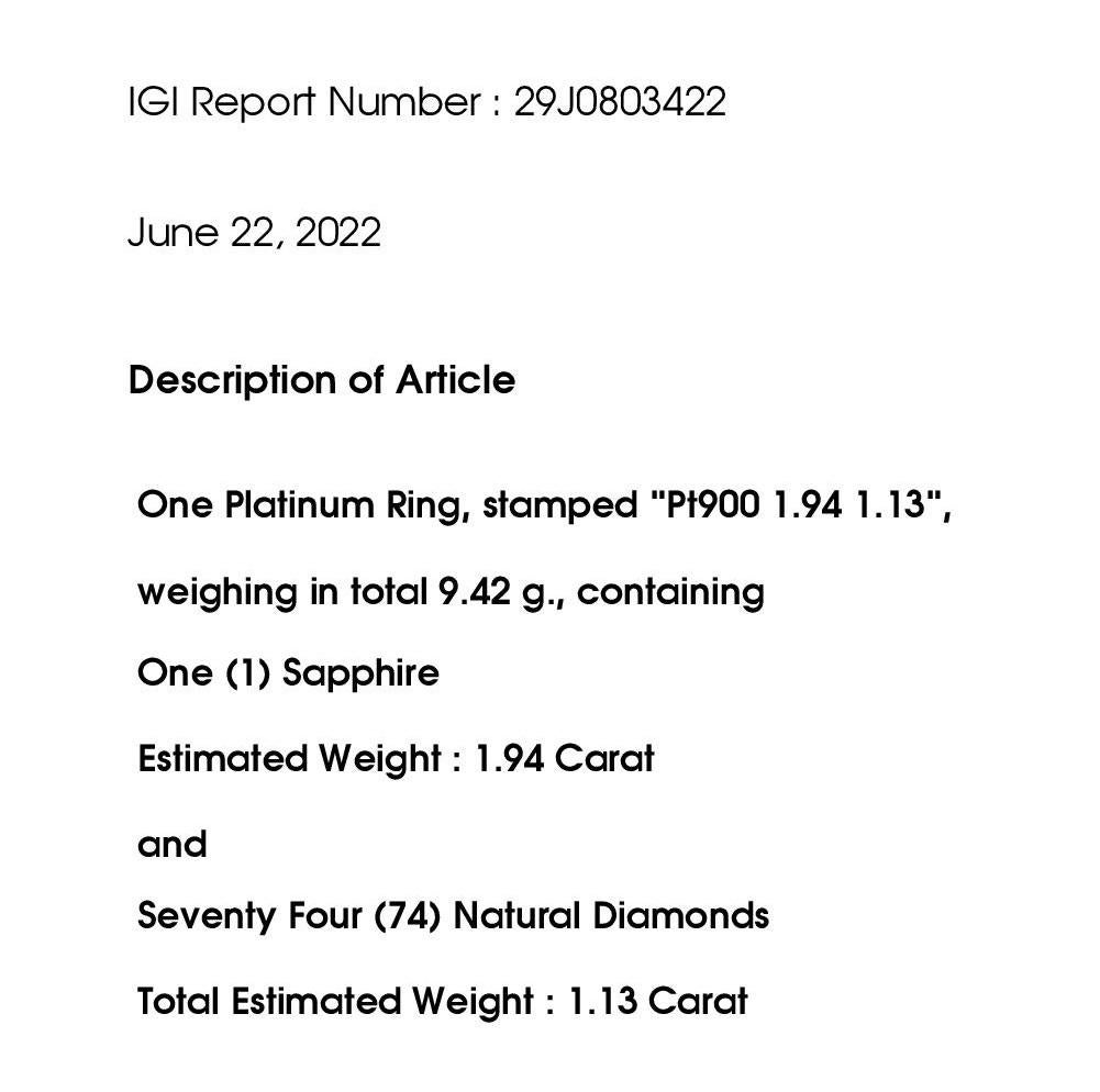 IGI Certified 1.94ct Untreated Sapphire and 1.13ct Natural Diamond Platinum Ring For Sale at 1stDibs