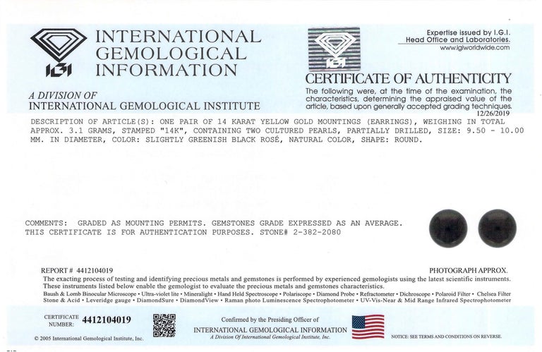 IGI Certified South Sea Tahitian Cultured Pearl Studs on 14 Karat White ...