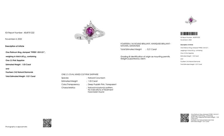 IGI Certified with 1.03ct Not-Treated Pink-Sapphire 0.21ct Natural Diamonds Ring For Sale at 1stDibs