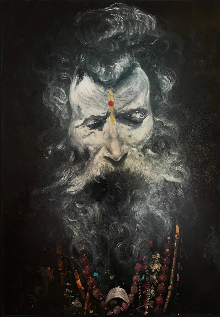 Ignacio Trelis - 'Magic' Indian portrait painting of a Wise man, Grey ...