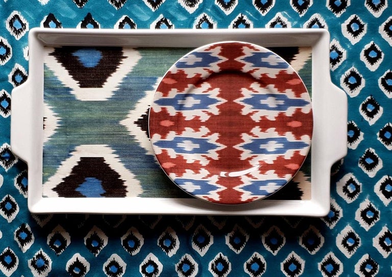 Ikat Blue and Green Handmade Ceramic Tray Made in Italy For Sale at 1stDibs