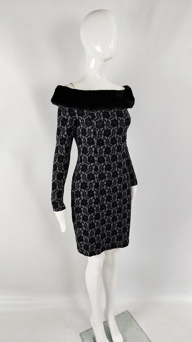 Ikito Vintage 90s Sexy Black Lace Faux Fur Trim Off the Shoulder Party ...